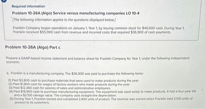 Solved Required information Problem 10-26A (Algo) Service | Chegg.com