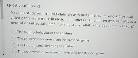 Solved Question 6 (1 ﻿point)A recent study reports that | Chegg.com