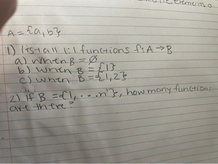 Solved A={a,b} 1) listall 1:1 functions f:A→B a) wine in B=∅ | Chegg.com