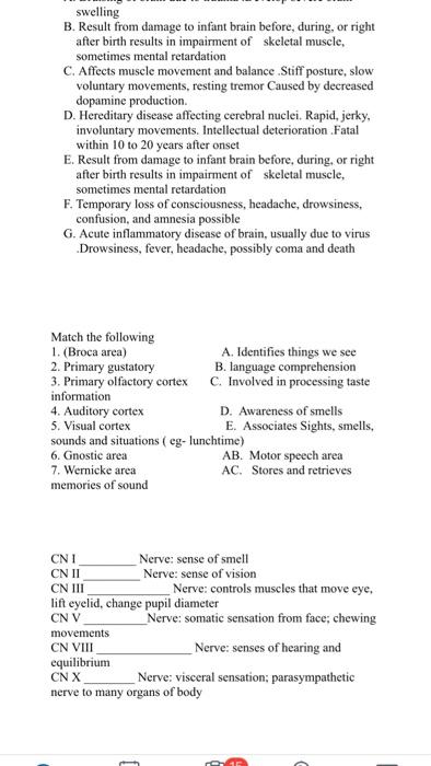 Solved Brain work sheet Match the following 1. Concussion 2. | Chegg.com