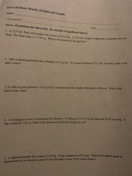 Solved ost-Lab Sheet: Density of Solids and Liquids Name: | Chegg.com