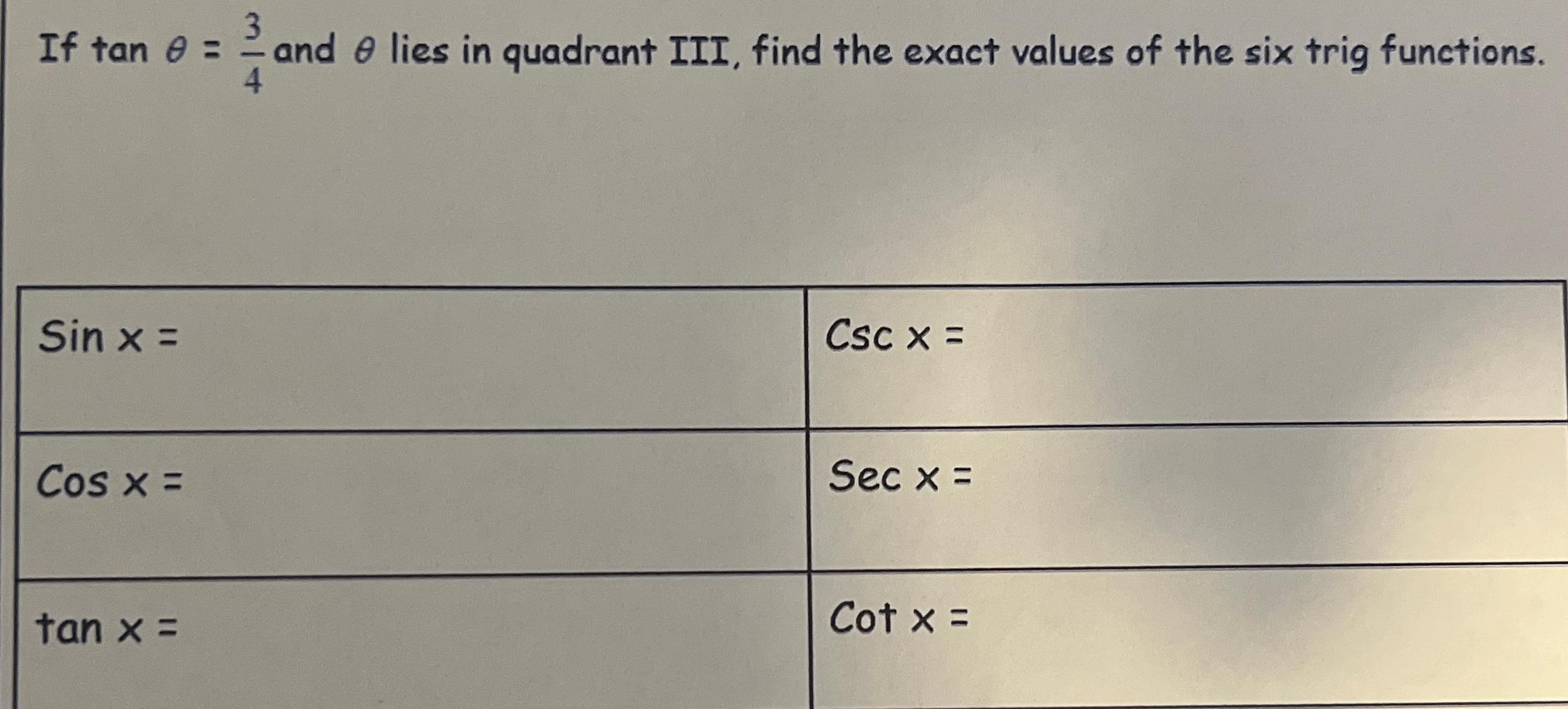 Solved Find the exact values of the six trig functions | Chegg.com