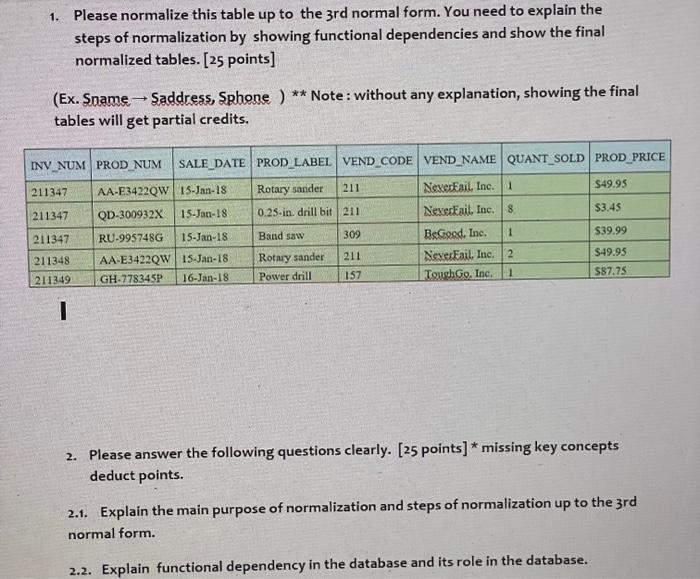 Solved 1. Please normalize this table up to the 3rd normal | Chegg.com