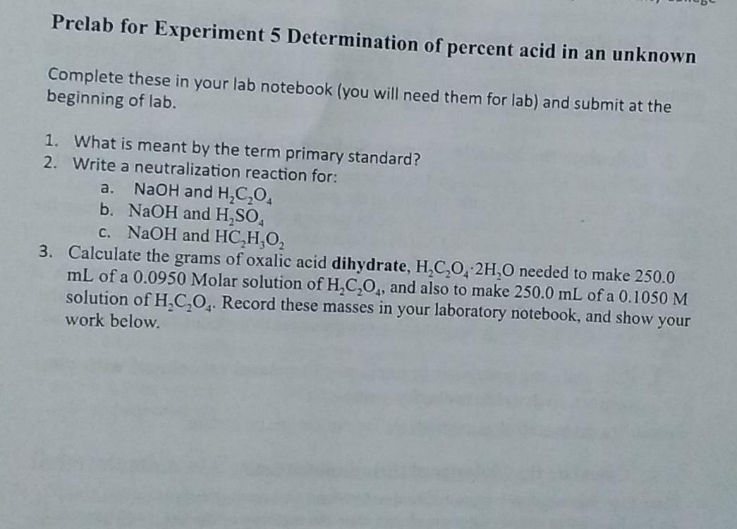 Solved Prelab for Experiment 5 Determination of percent acid | Chegg.com