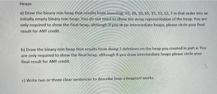 Solved Heaps a) Draw the binary min heap that results from | Chegg.com