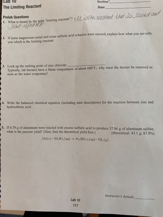 Solved Lab 10 The Limiting Reactant Section Date Prelab | Chegg.com