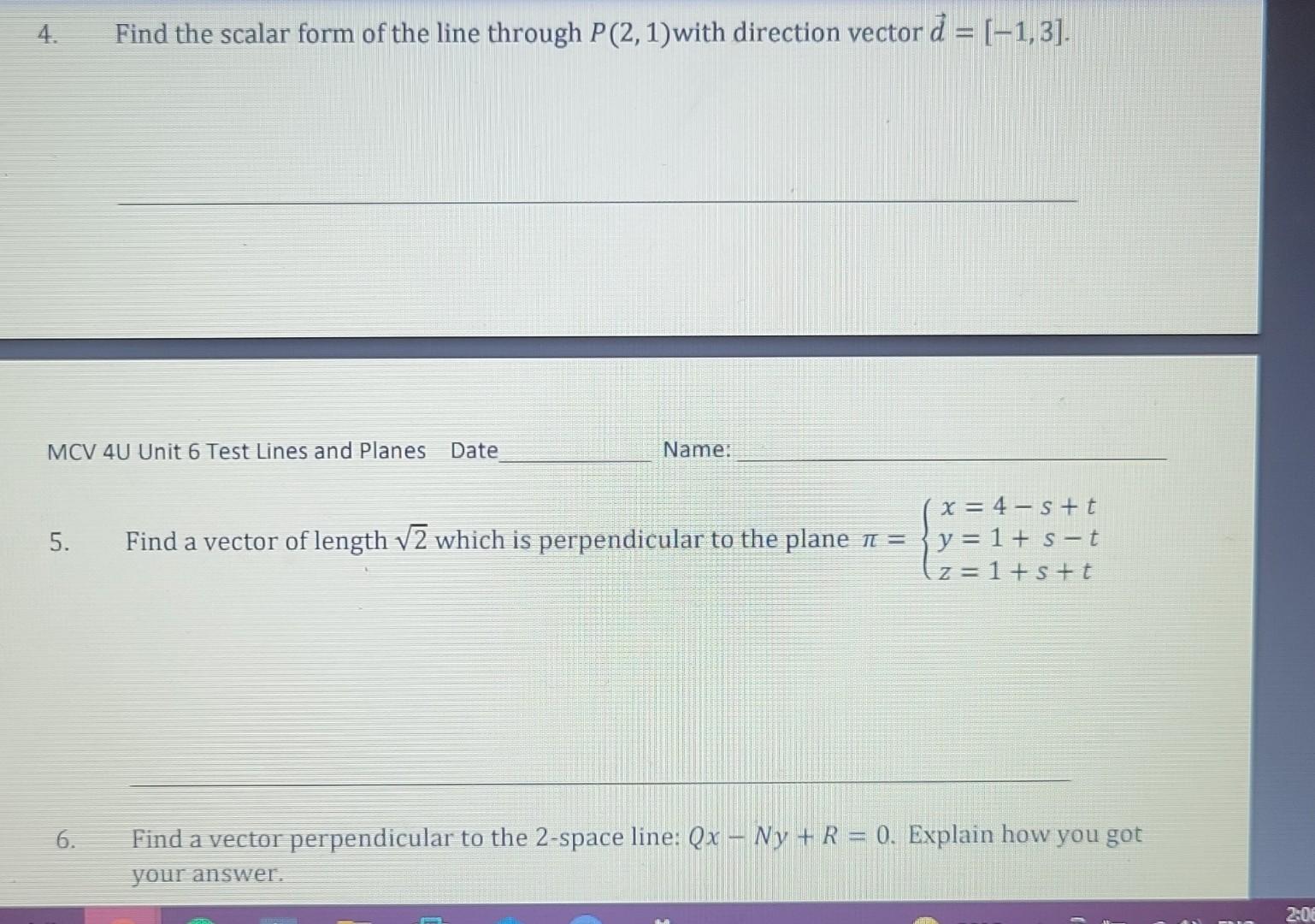 Solved 4. Find the scalar form of the line through P (2, 1) | Chegg.com