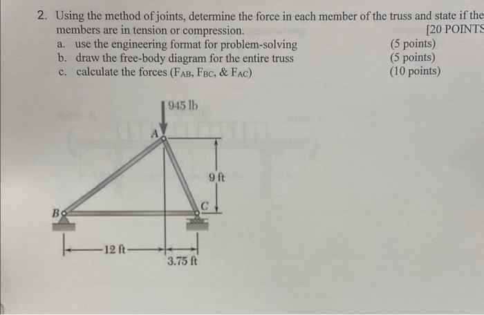 Solved 2. Using the method of joints, determine the force in | Chegg.com