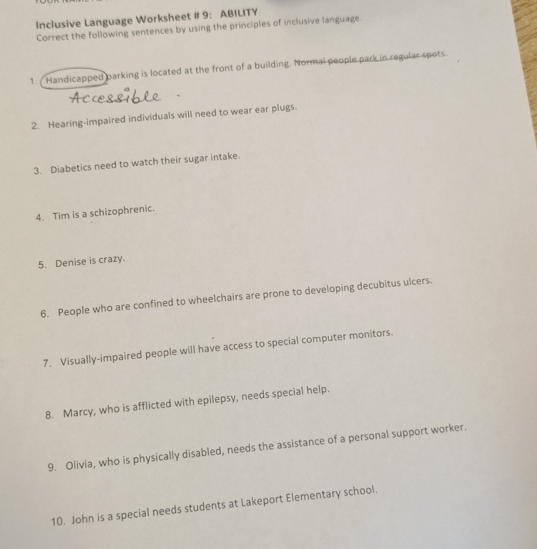 Inclusive Language Worksheet # 9: ABILITYCorrect the | Chegg.com