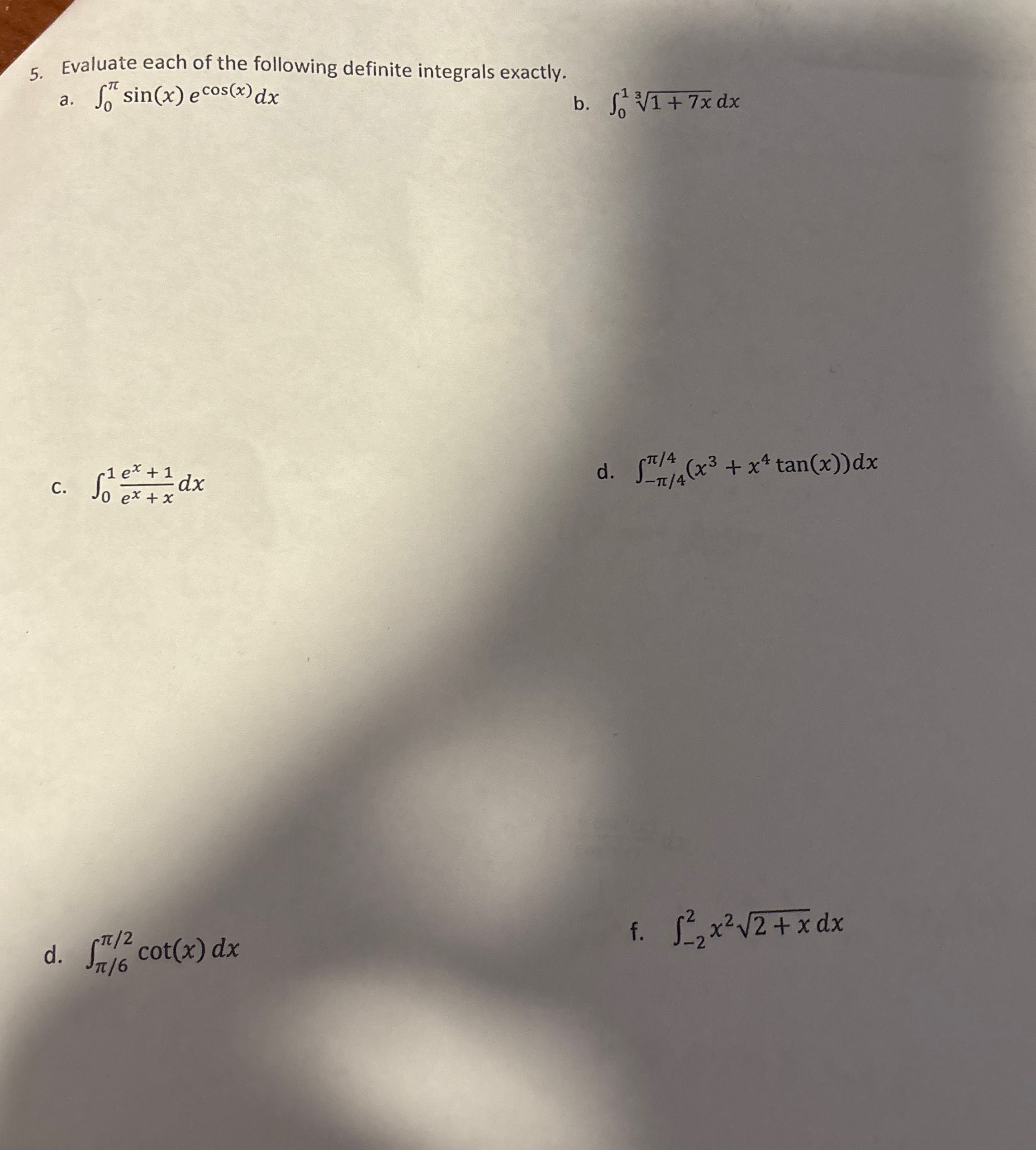 Solved Evaluate each of the following definite integrals | Chegg.com