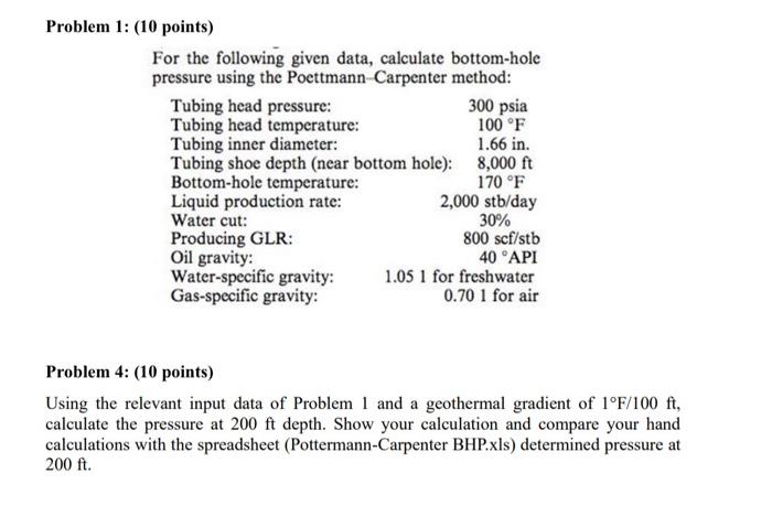 Solved For the following given data, calculate bottom-hole | Chegg.com