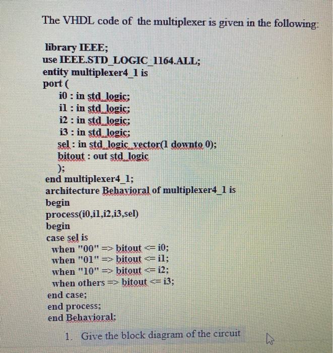 Solved The VHDL code of the multiplexer is given in the | Chegg.com