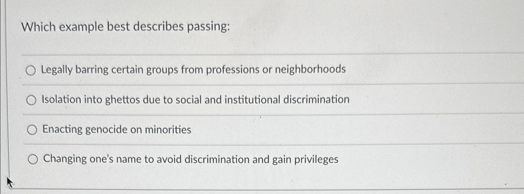 Solved Which example best describes passing:Legally barring | Chegg.com