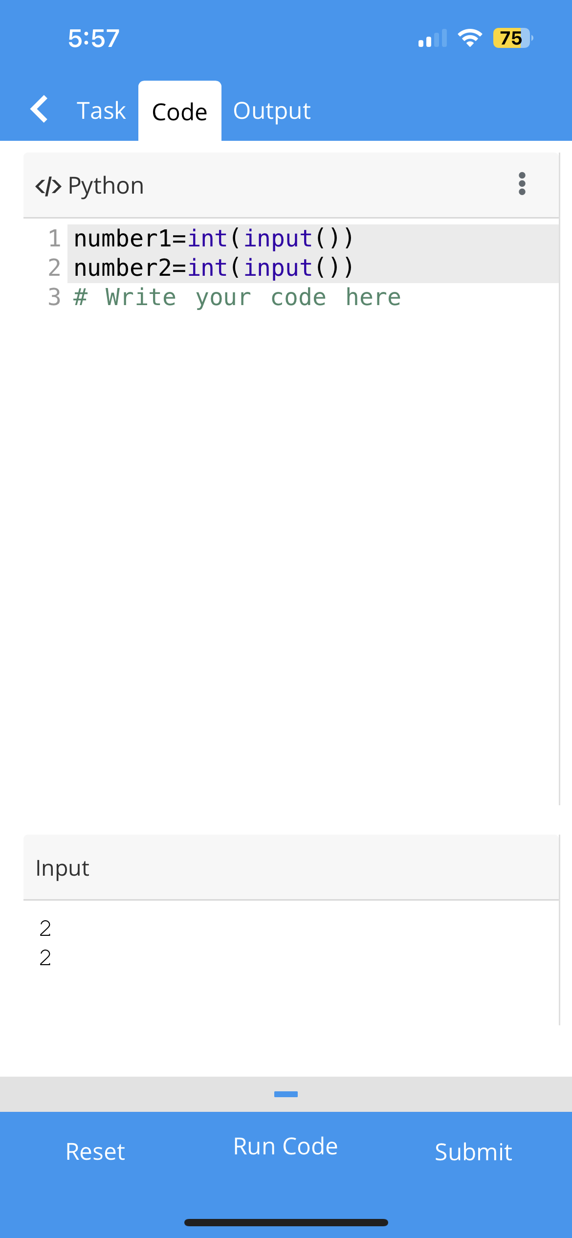 5:5775TaskCodeOutput ﻿Python1 ﻿number1=int(input()) | Chegg.com