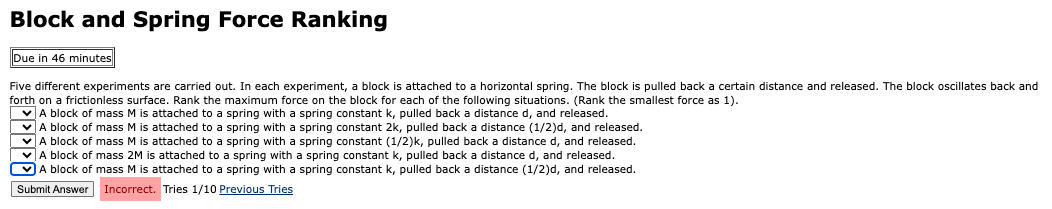 Solved Block and Spring Force RankingFive different | Chegg.com