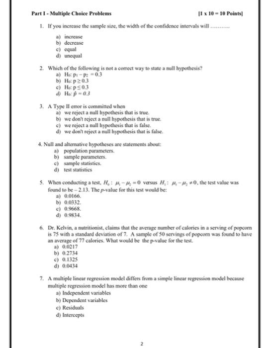 Solved Part I - Multiple Choice Problems [1 x 10 = 10 | Chegg.com