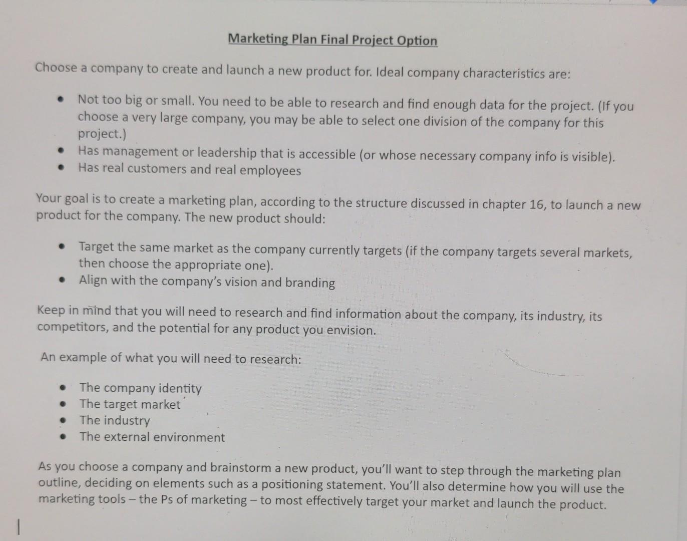 Marketing Plan Final Project Option Choose a company | Chegg.com