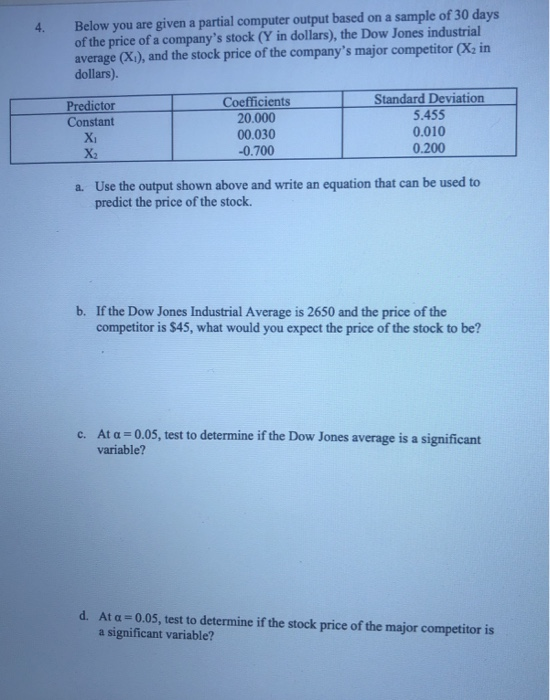 Solved 4. Below you are given a partial computer output | Chegg.com