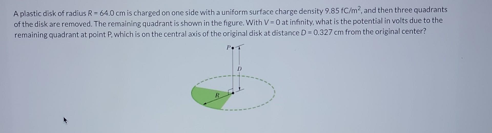 Solved A plastic disk of radius R=64.0 cm is charged on one | Chegg.com