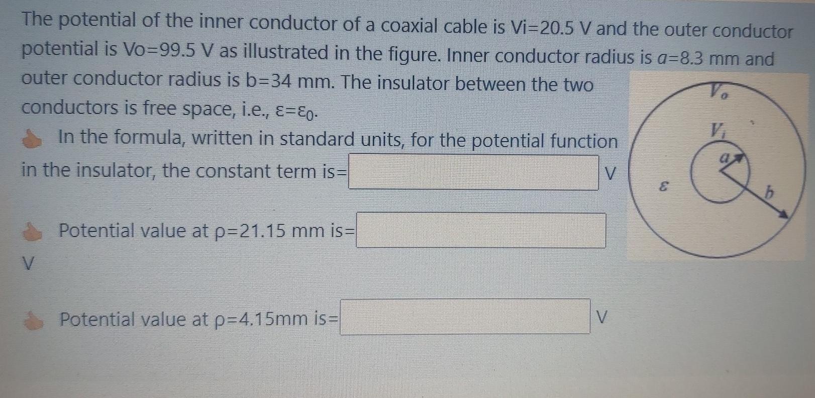 Solved The potential of the inner conductor of a coaxial | Chegg.com