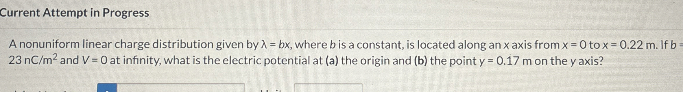 Solved Current Attempt in ProgressA nonuniform linear charge | Chegg.com