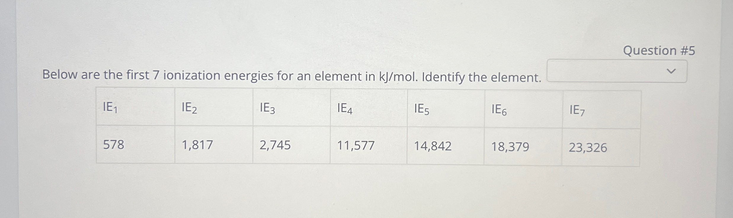 Solved Question #5Below are the first 7 ﻿ionization energies | Chegg.com