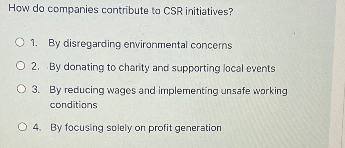 Solved How do companies contribute to CSR initiatives?By | Chegg.com