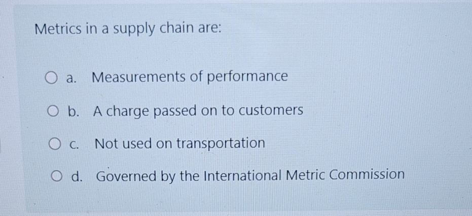 Solved Metrics in a supply chain are:a. ﻿Measurements of | Chegg.com