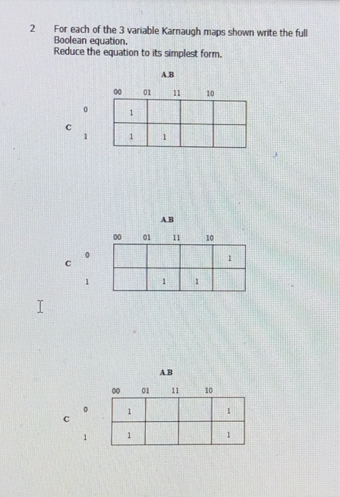 Solved 2 For each of the 3 variable Karnaugh maps shown | Chegg.com