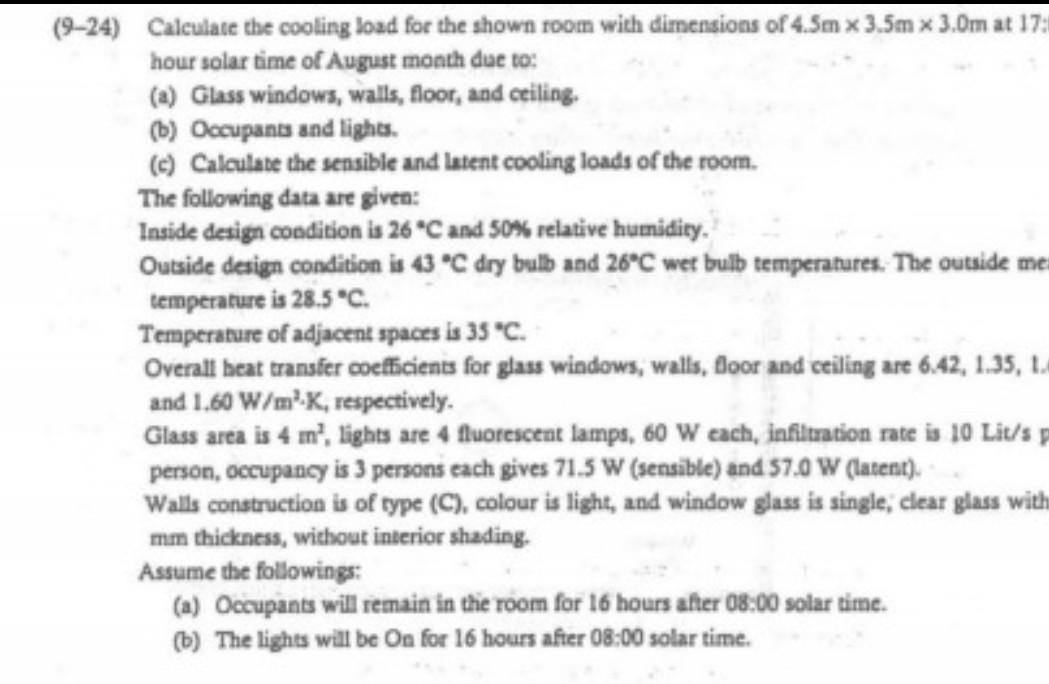 Solved (9-24) Calculate the cooling load for the shown room | Chegg.com