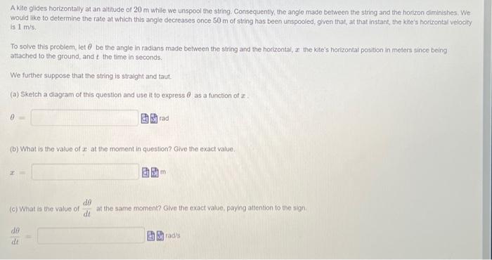 Solved A kite glides horizontally at an altude of 20 m while | Chegg.com