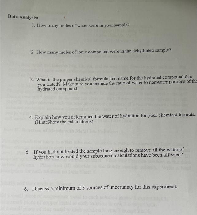 Solved 1. How many moles of water were in your sample? 2. | Chegg.com
