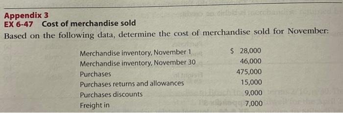 Solved Appendix 3 EX 6-47 Cost of merchandise sold Based on | Chegg.com