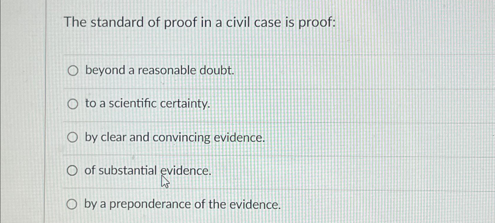 Solved The standard of proof in a civil case is proof:beyond | Chegg.com