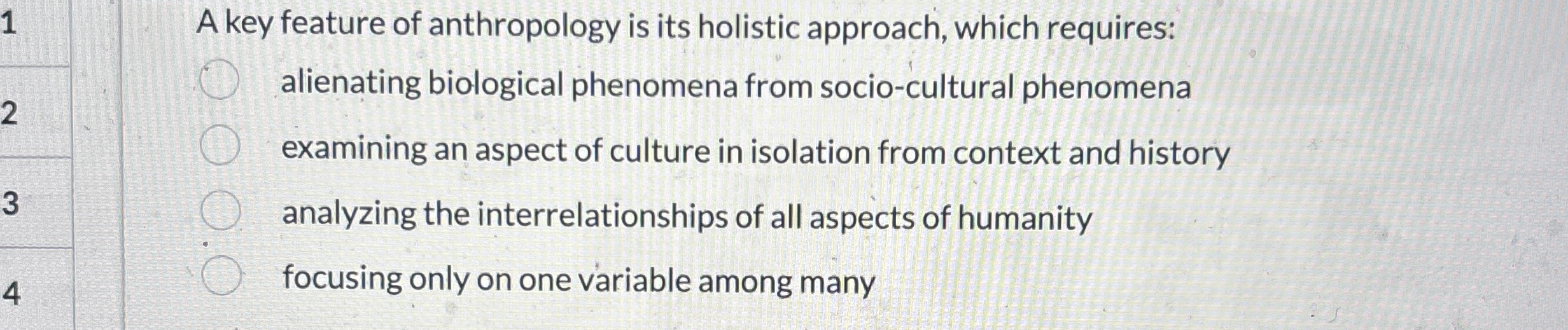 Solved A key feature of anthropology is its holistic | Chegg.com