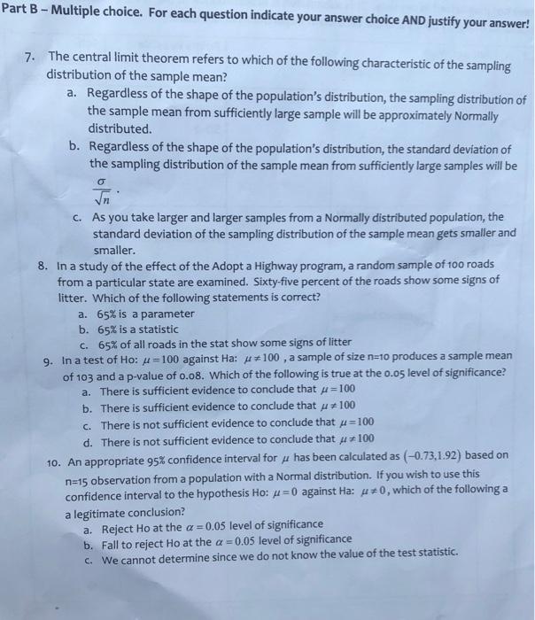 Solved Part B - Multiple choice. For each question indicate | Chegg.com