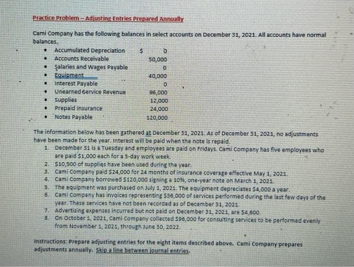 Solved Practice problem - Adjusting Entries Prepared | Chegg.com