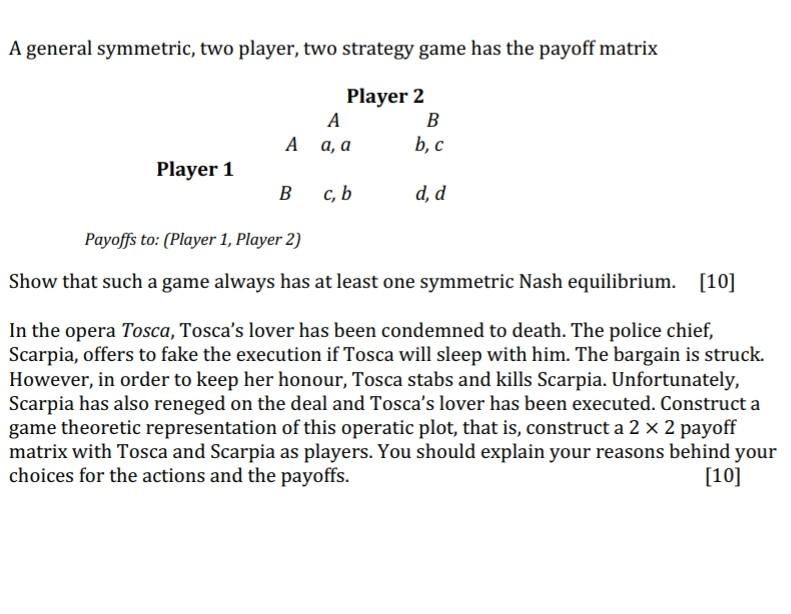 Solved A general symmetric, two player, two strategy game | Chegg.com