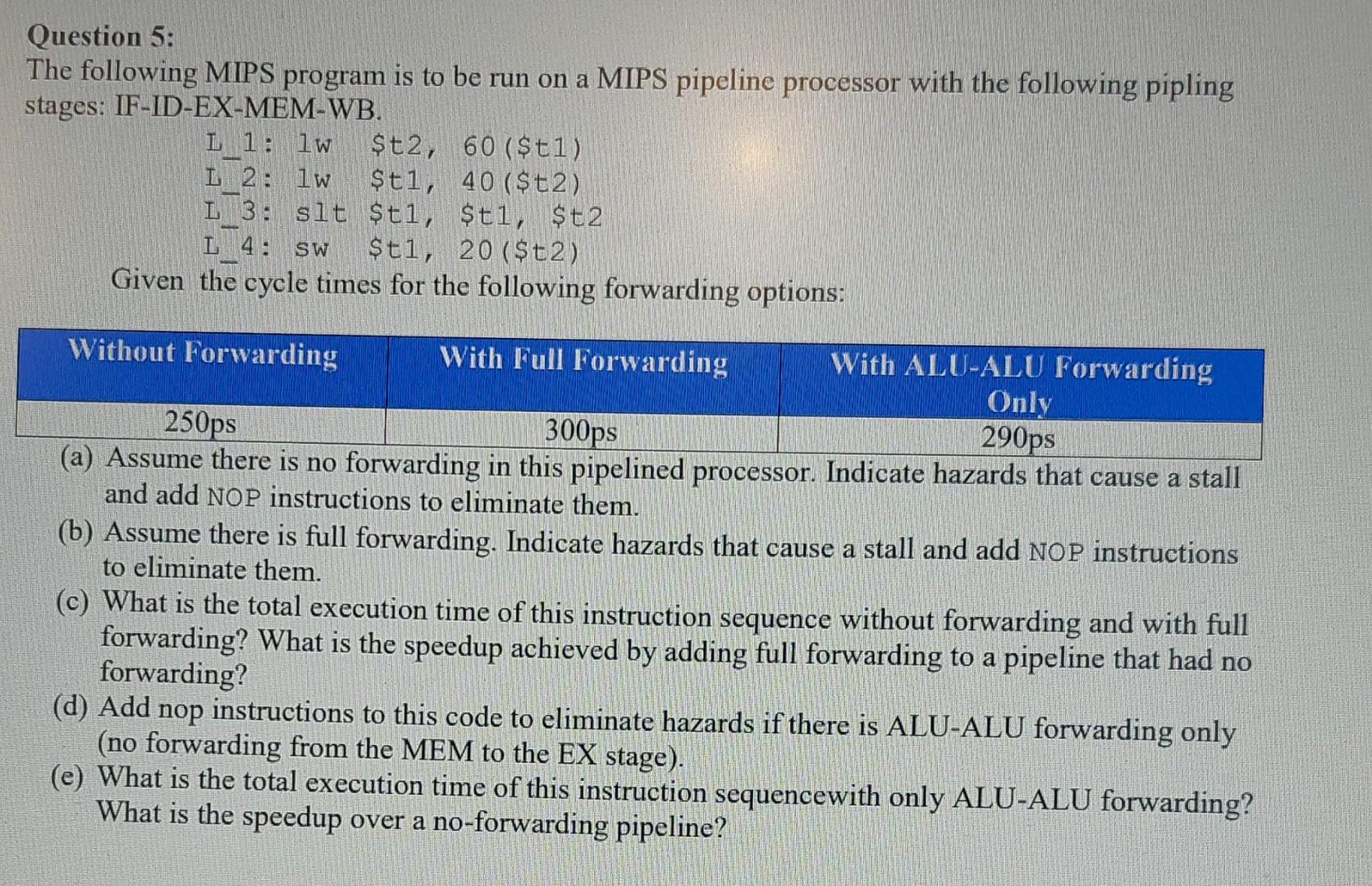 Solved Question 5: The following MIPS program is to be run | Chegg.com