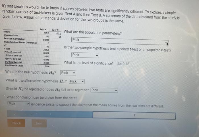 Solved 1Q test creators would like to know if scores between | Chegg.com