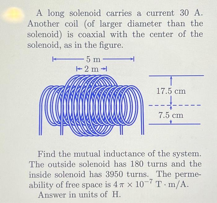 Solved A long solenoid carries a current 30 A. Another coil | Chegg.com