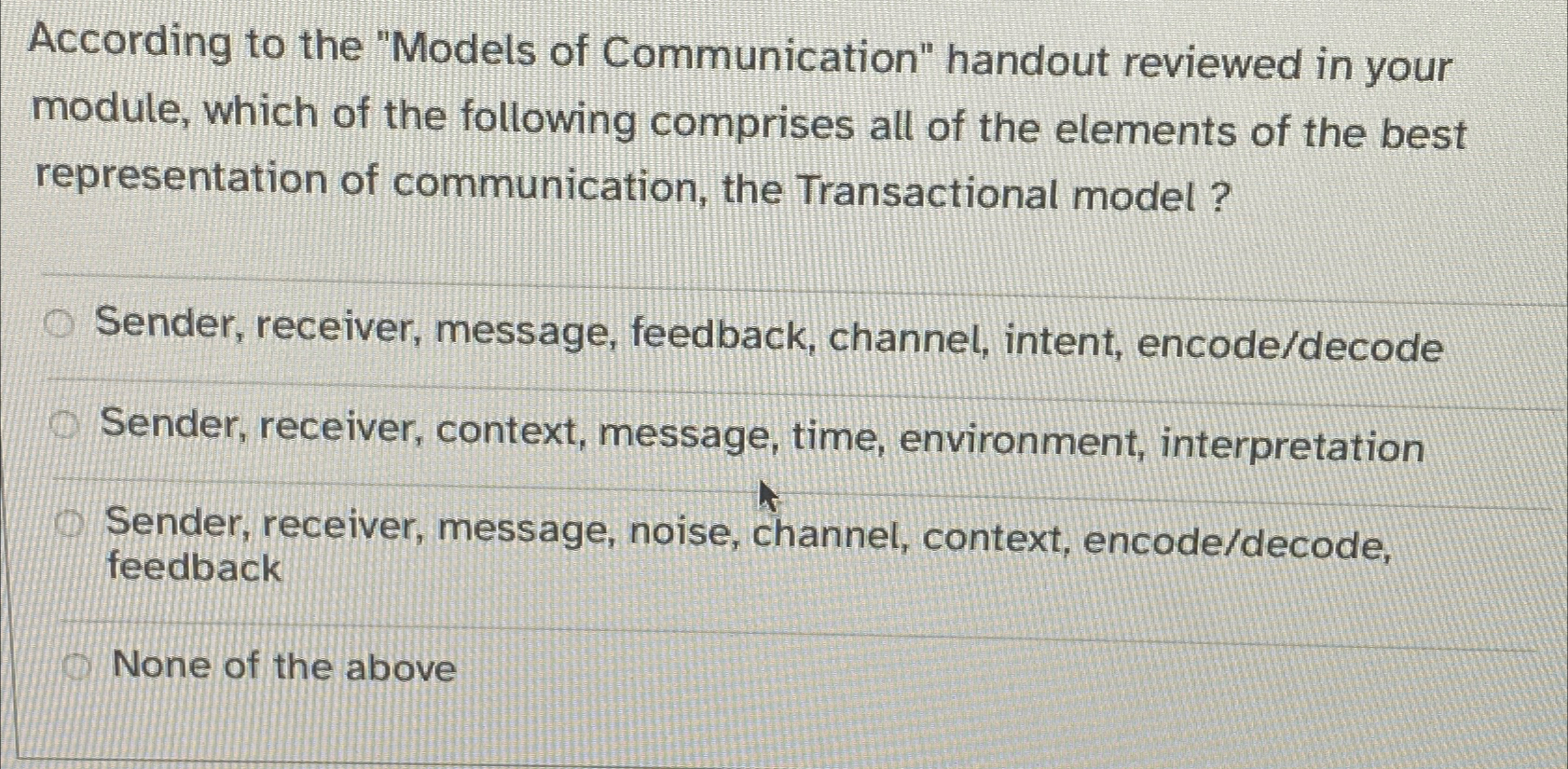 Solved According to the "Models of Communication" handout | Chegg.com