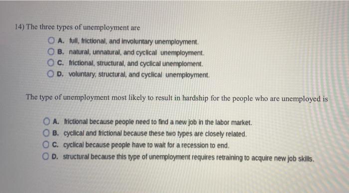 Solved 14) The three types of unemployment are O A. full, | Chegg.com