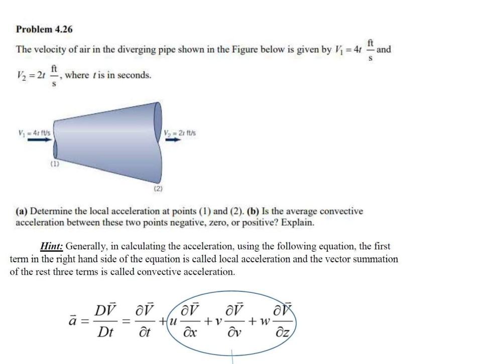 Solved Problem 4.26 The velocity of air in the diverging | Chegg.com