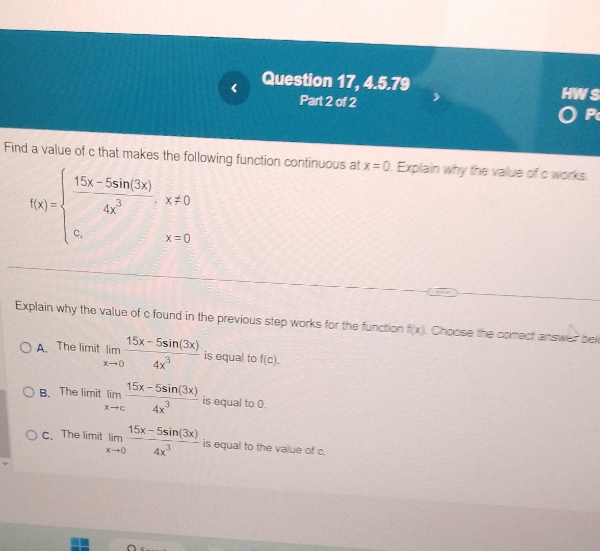 Solved Find a value of c that makes the following function | Chegg.com