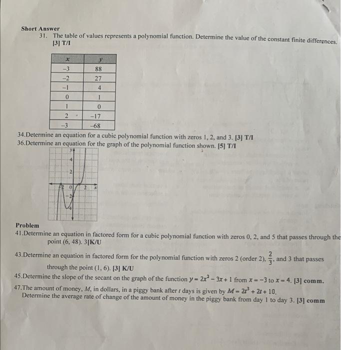 Solved Short Answer 31. The table of values represents a | Chegg.com
