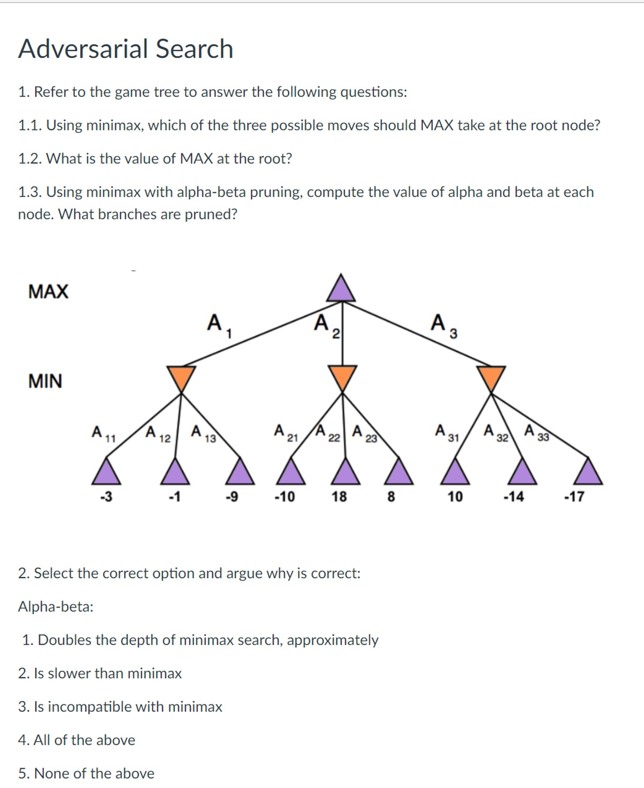 Adversarial SearchRefer to the game tree to answer | Chegg.com