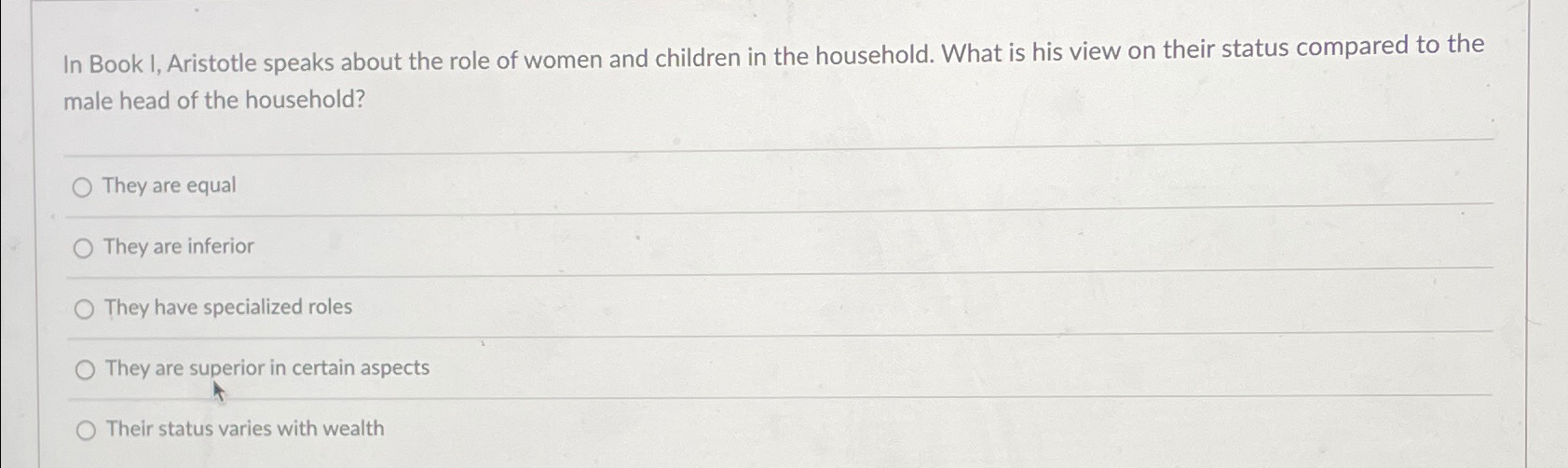 Solved In Book I, Aristotle speaks about the role of women | Chegg.com