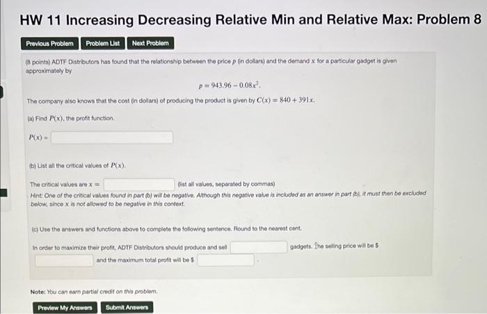 Solved HW 11 Increasing Decreasing Relative Min and Relative | Chegg.com