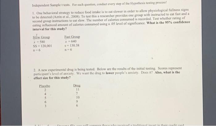 Solved Independent Sample t tests. For each question, | Chegg.com
